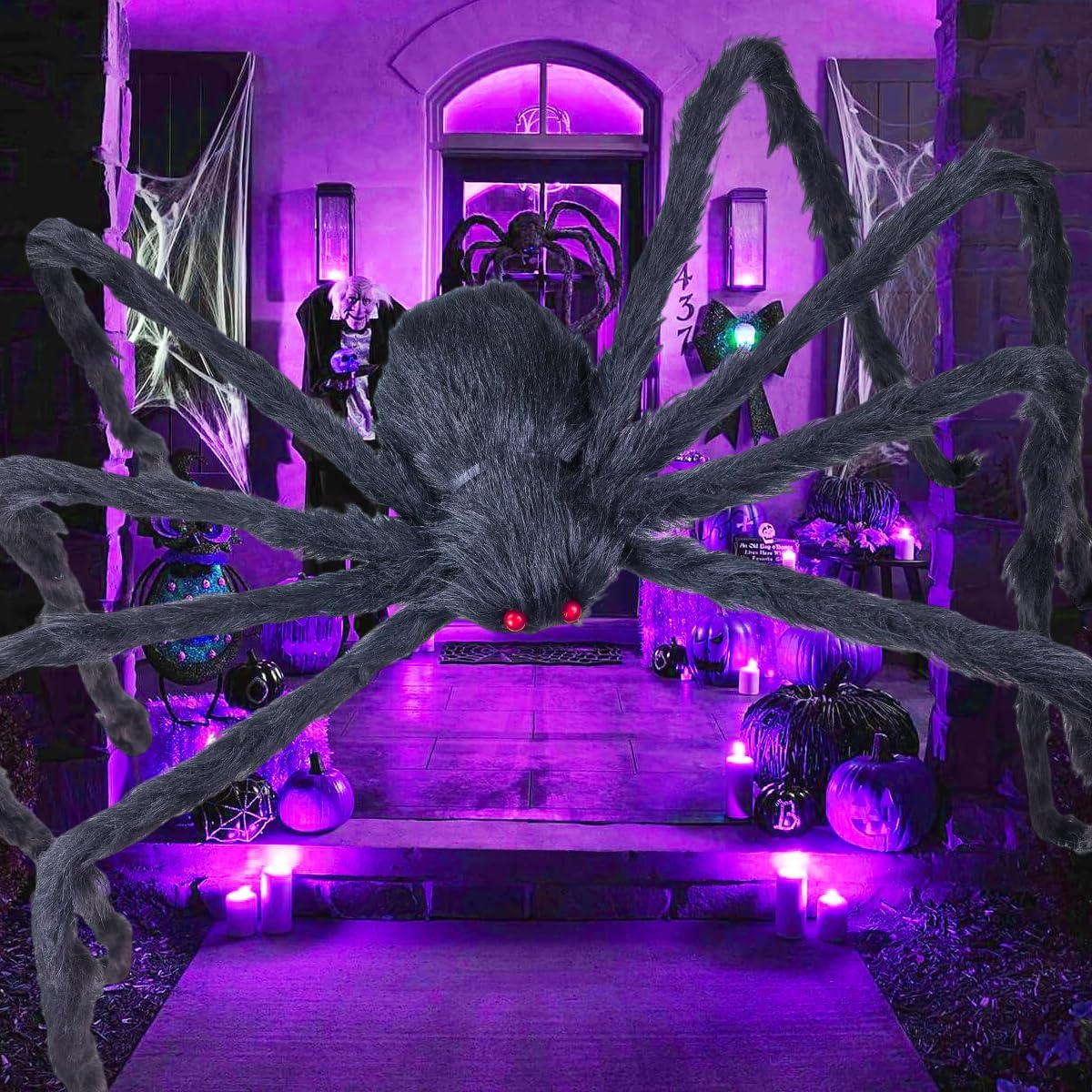 Paianjen gigantic de Halloween, 200cm, negru, cu ochi rosii, decorare ...