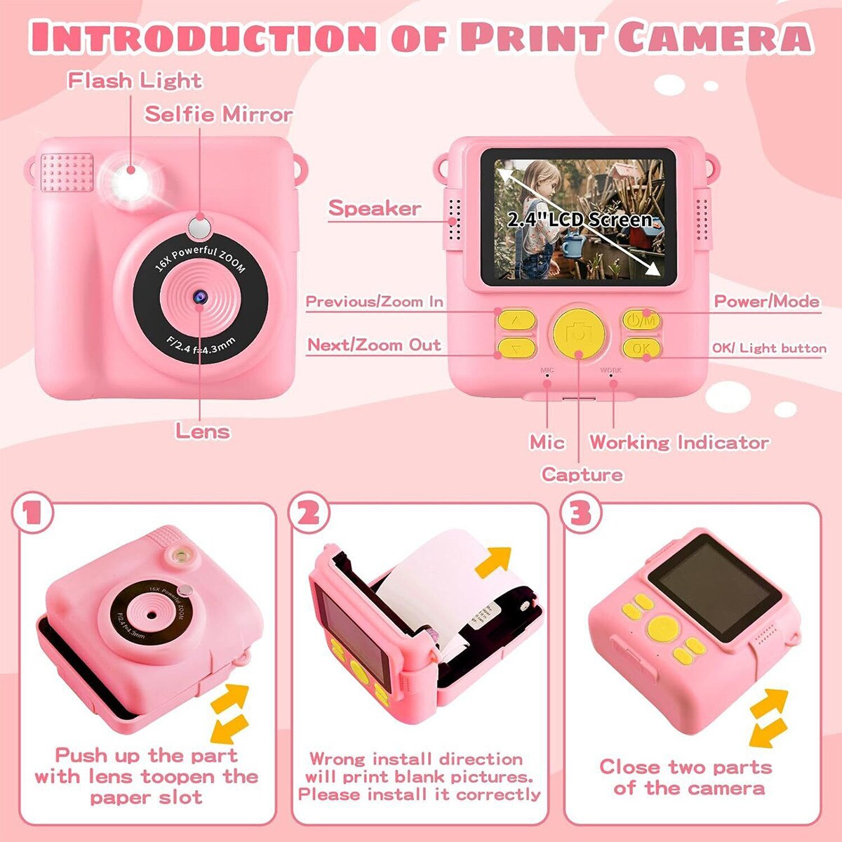 Aparat Foto/Video pentru Copii cu Imprimare Instant, Camera Selfie ...