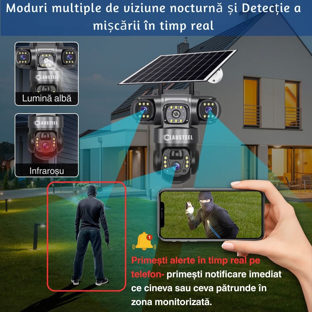 Camera de supraveghere CLAUSTEEL 3in1 cu panou solar, conexiune WIFI, 6 ...
