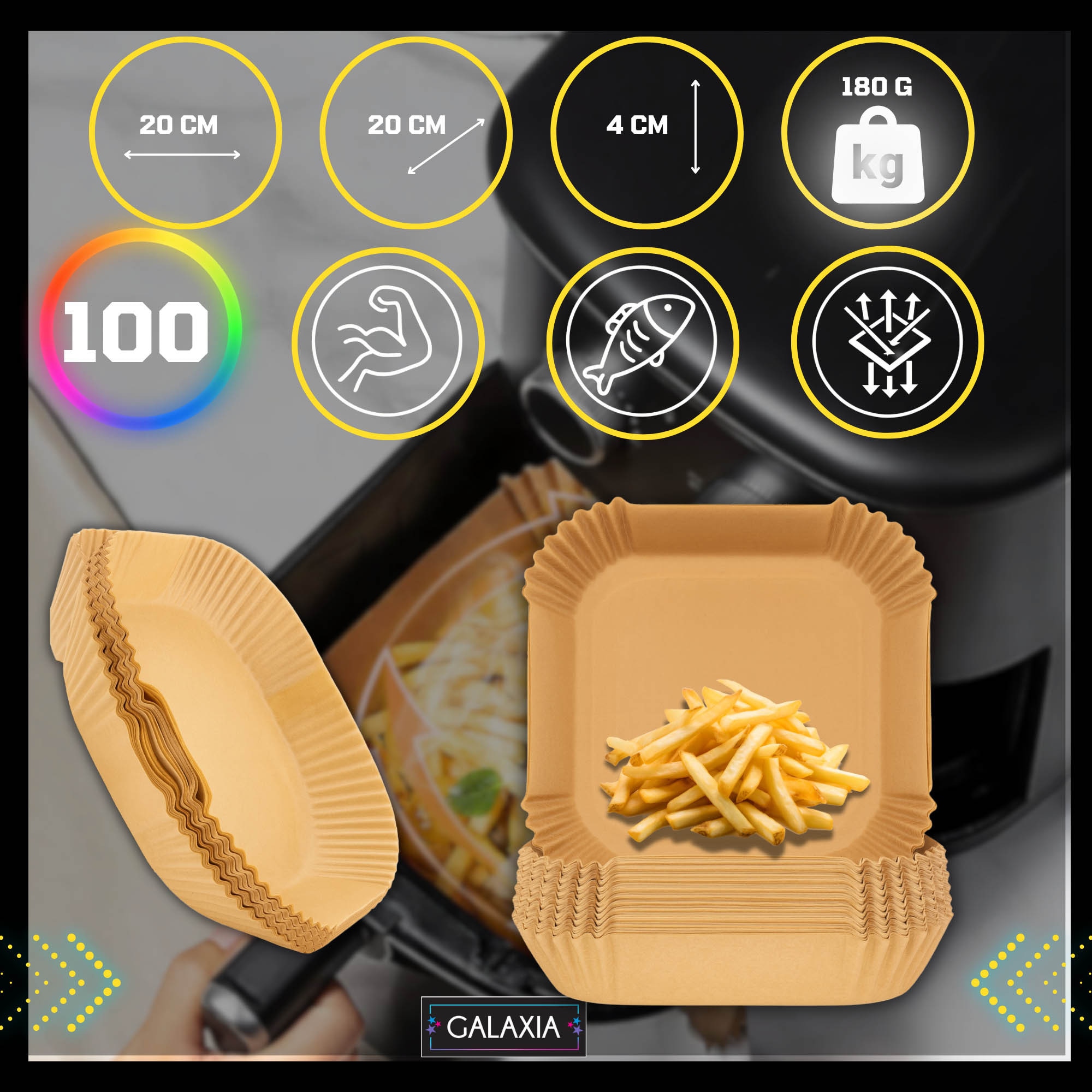 Set 100 bucati, Hartie de copt pentru Air Fryer 20 x 20 cm Galaxia ...