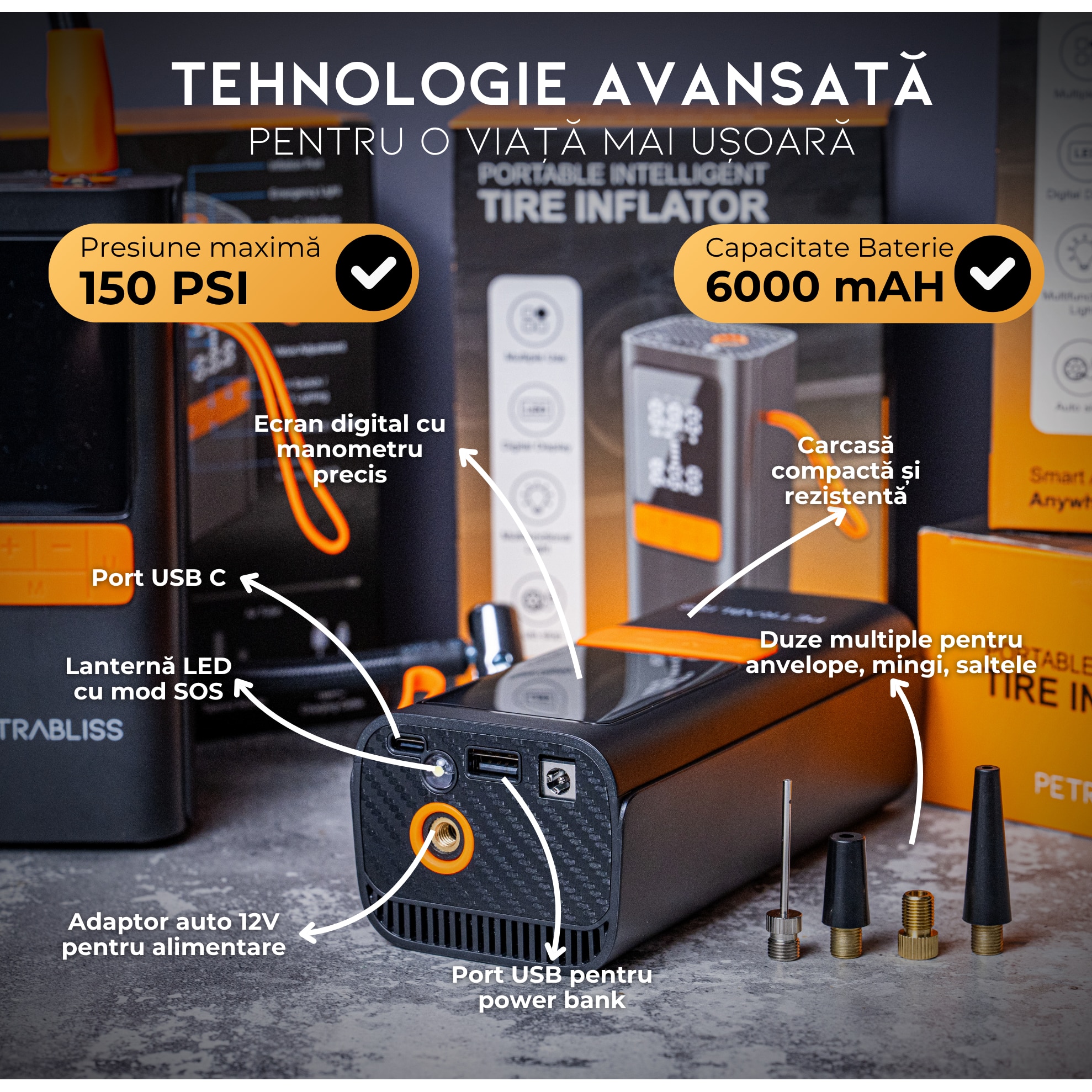 Compresor Anvelope Portabil PetraBliss, 4in1, Baterie Portabila Auto ...