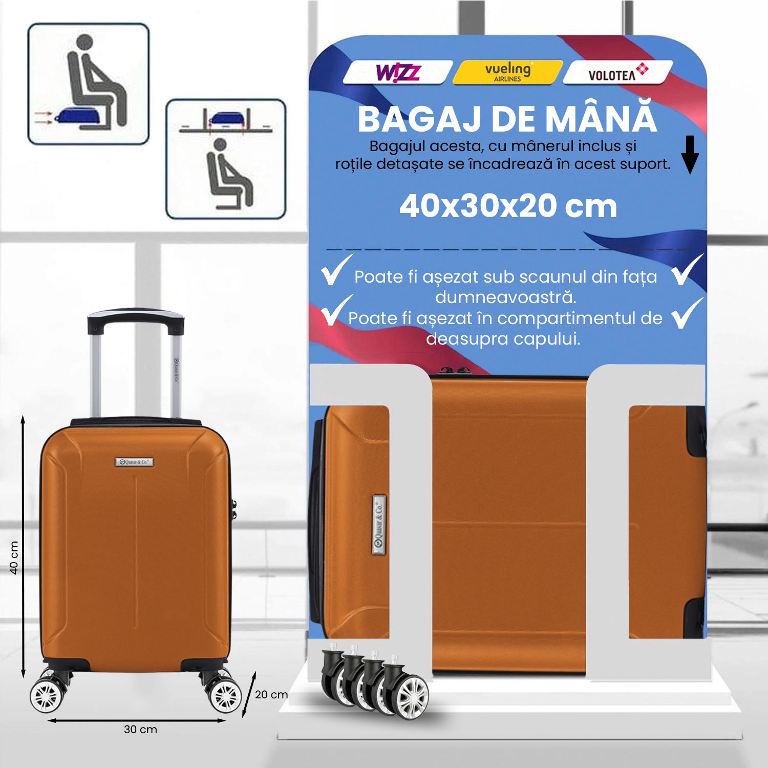 Troler cabina avion Quasar & Co.®, 40x30x20cm, bagaj de mana, troller ...