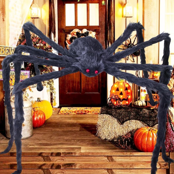 Paianjen gigantic de Halloween, 200cm, negru, cu ochi rosii, decorare ...
