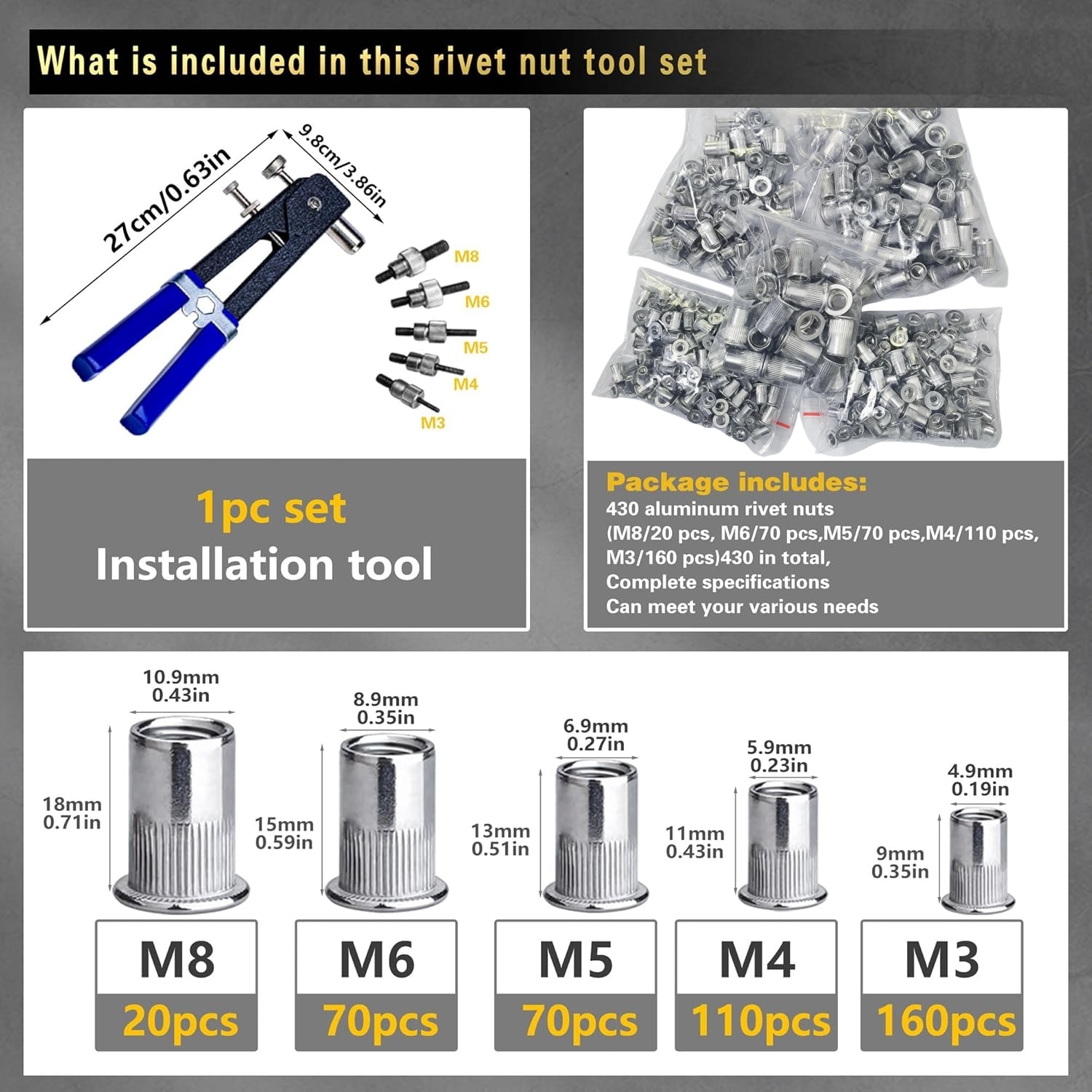 Set cleste pentru nituit piulite nituibile, MOSMAOO®, 430Pcs (M8/M6/M5 ...