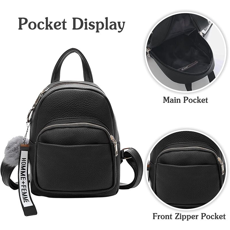 Rucsac mini fashion pentru femei, cu pomponi, piele naturala, 18x9x24cm ...