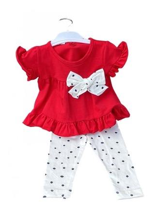 Compleu fetite bluzita maneca scurta rosie si pantaloni albi cu buline ...