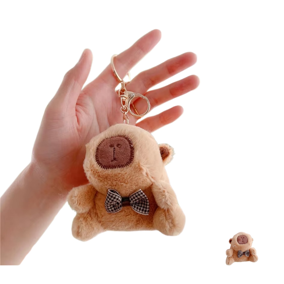Jucarie de plus Capibara cu papion, tip breloc, 10 cm, Maro deschis ...