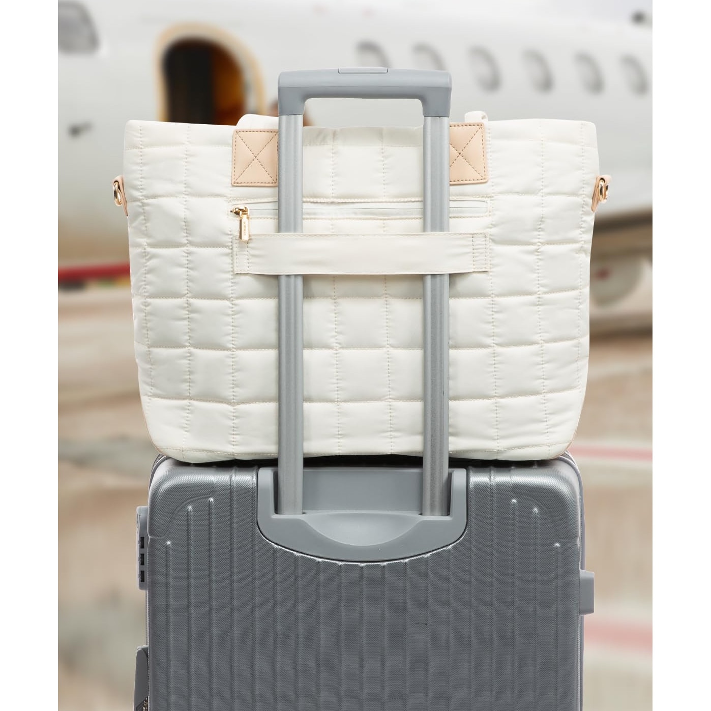 Geanta laptop pentru femei, geanta puffer mare cu fermoar, bej, 26L ...