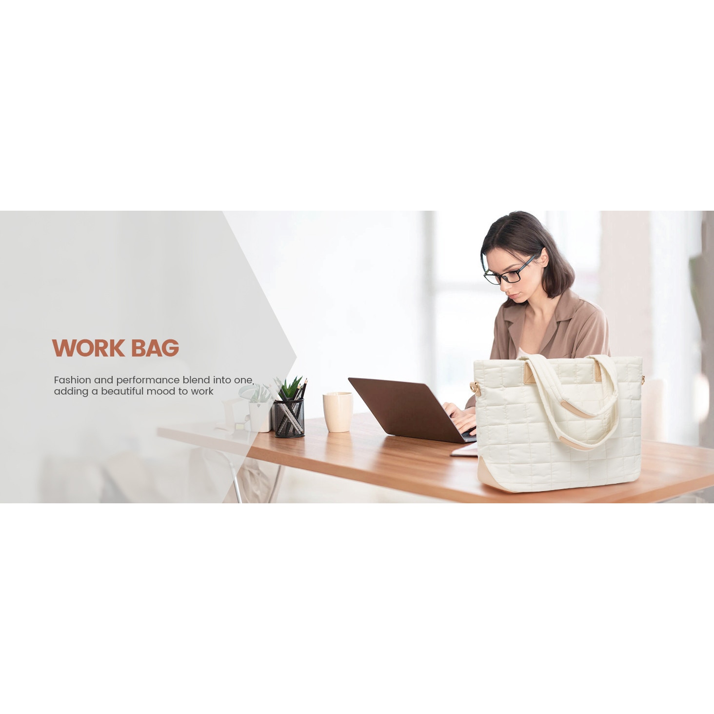 Geanta laptop pentru femei, geanta puffer mare cu fermoar, bej, 26L ...