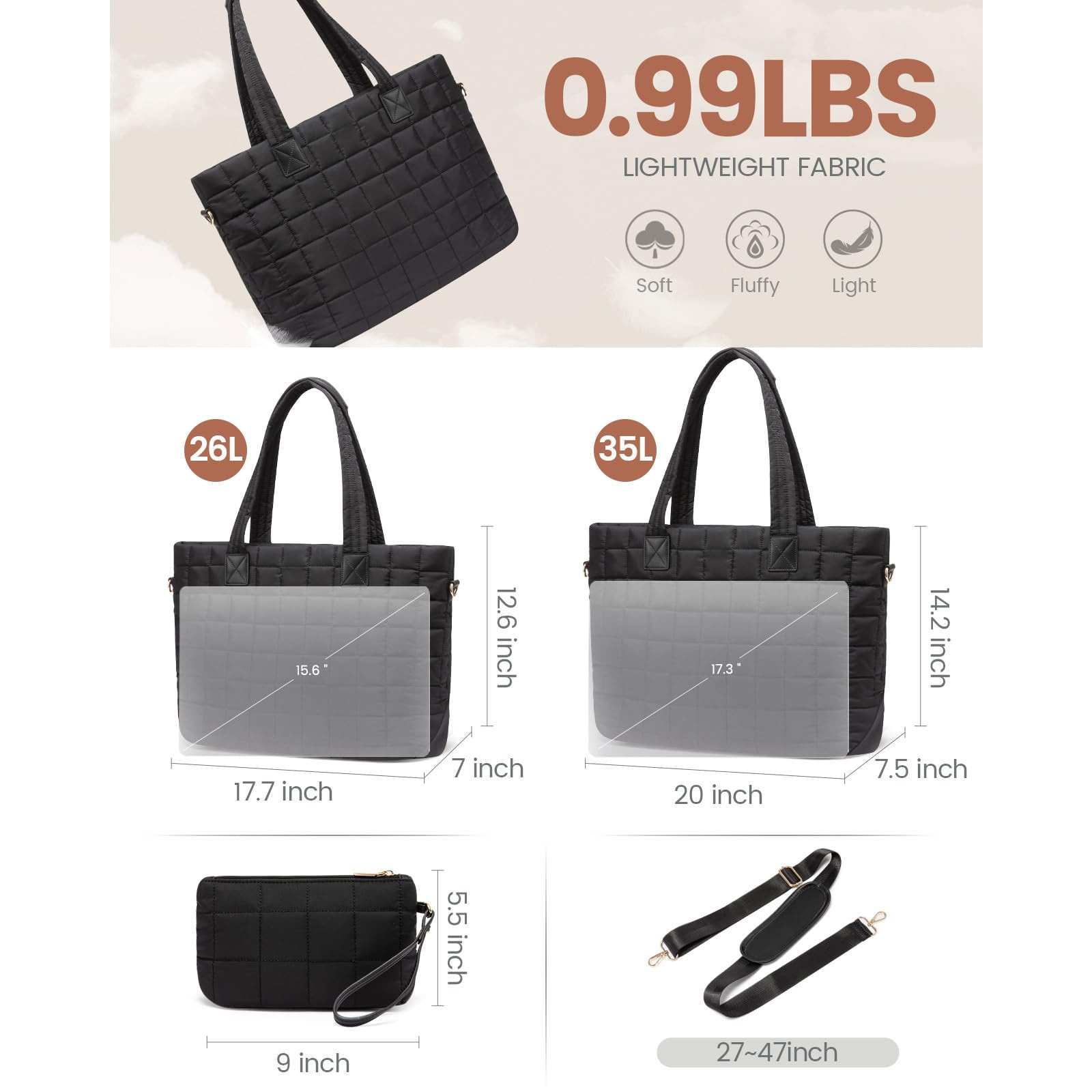 Geanta laptop pentru femei, geanta puffer mare cu fermoar, 26L, neagra ...