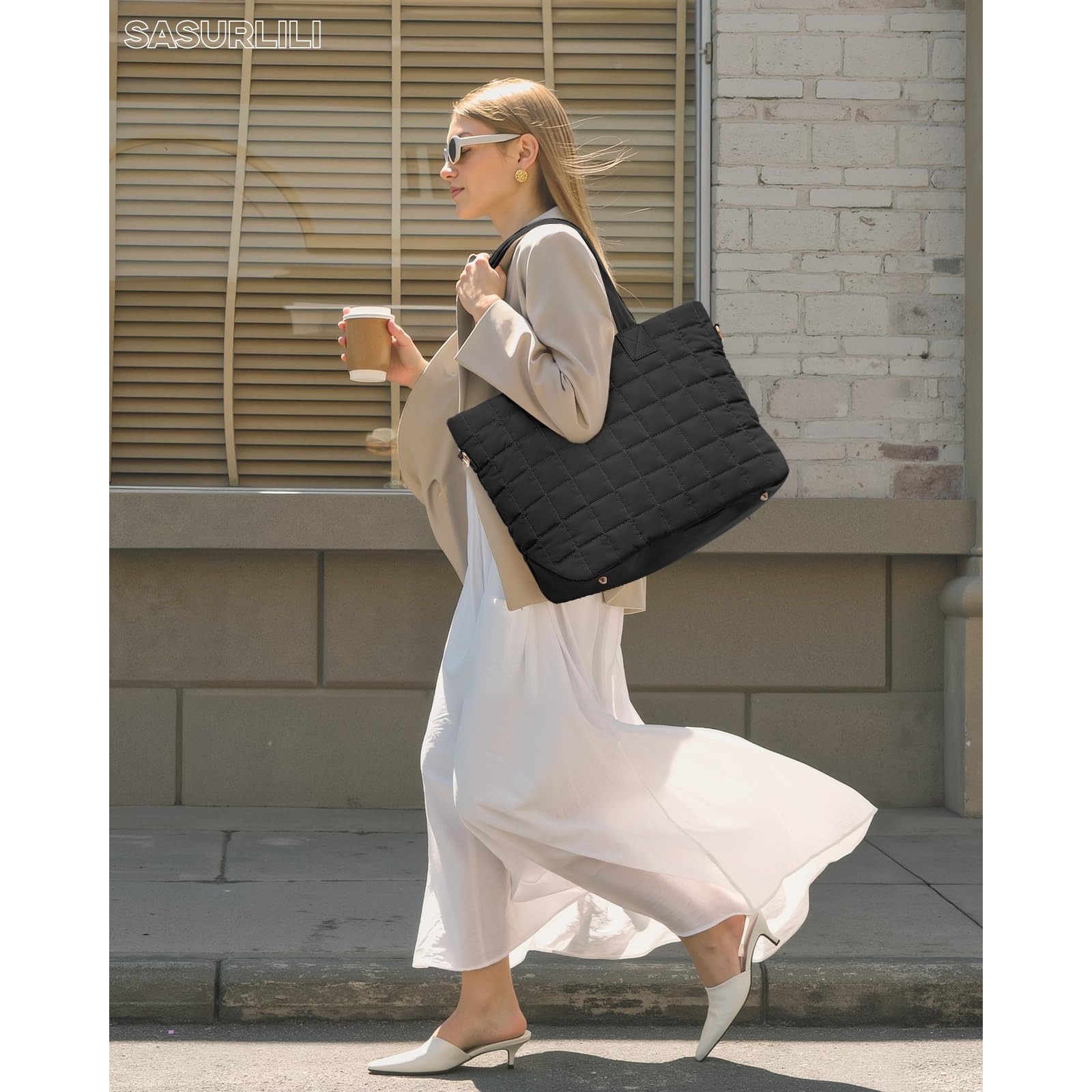 Geanta laptop pentru femei, geanta puffer mare cu fermoar, 26L, neagra ...