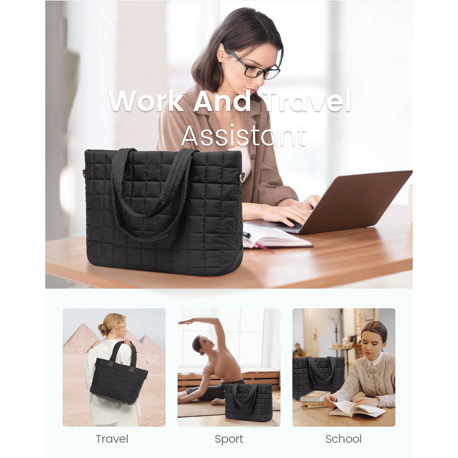 Geanta laptop pentru femei, geanta puffer mare cu fermoar, 26L, neagra ...