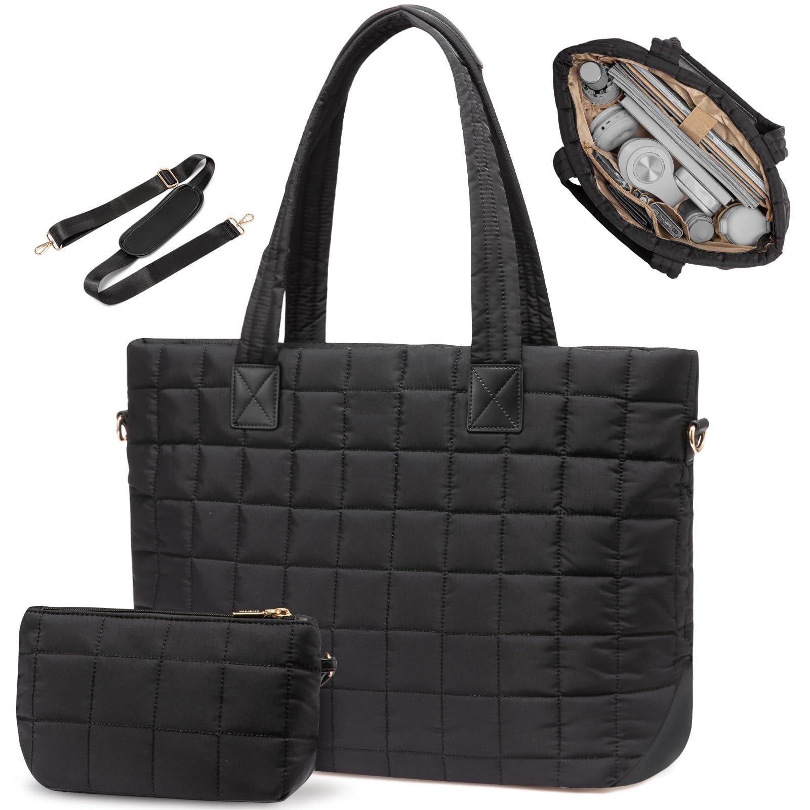 Geanta laptop pentru femei, geanta puffer mare cu fermoar, 26L, neagra ...