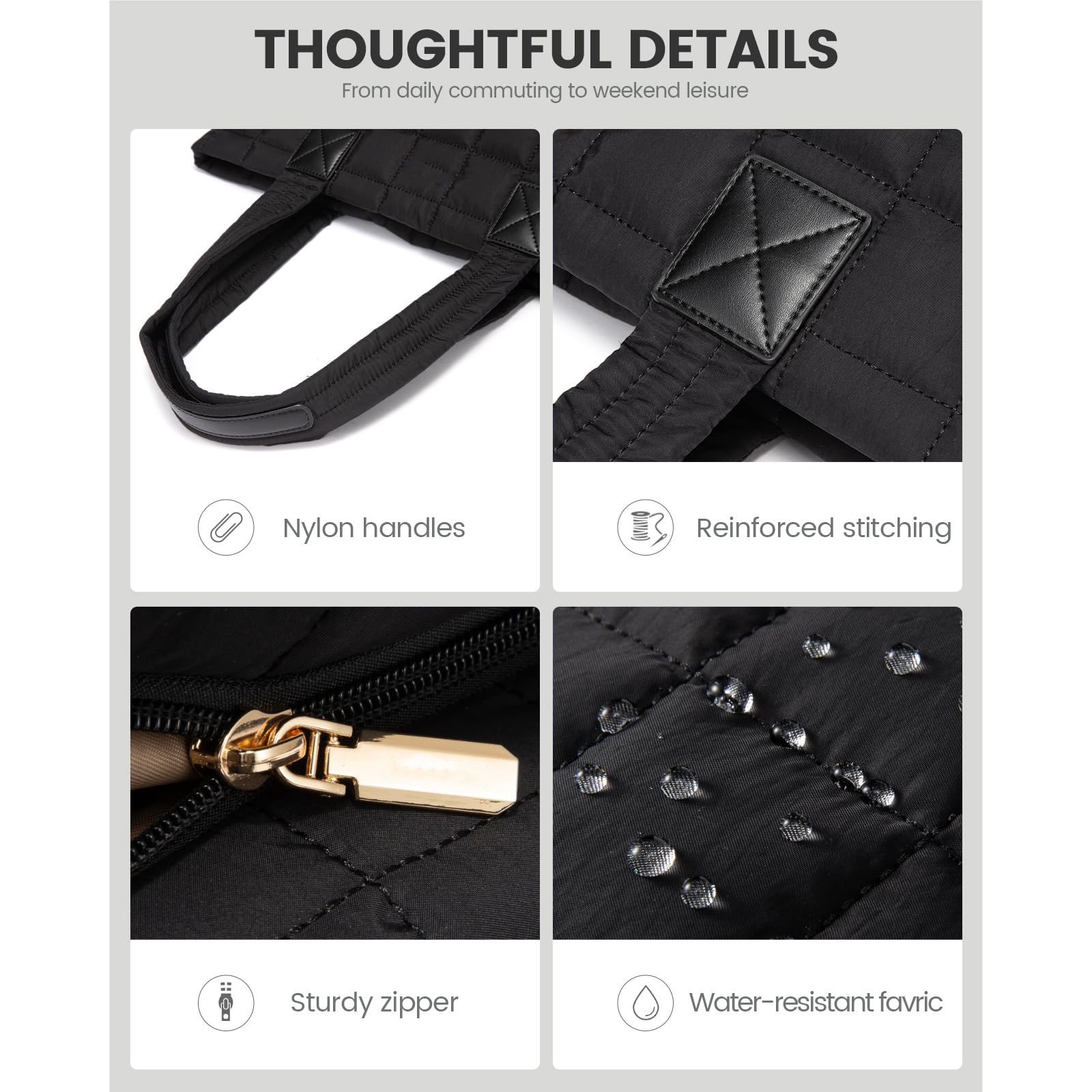 Geanta laptop pentru femei, geanta puffer mare cu fermoar, 26L, neagra ...