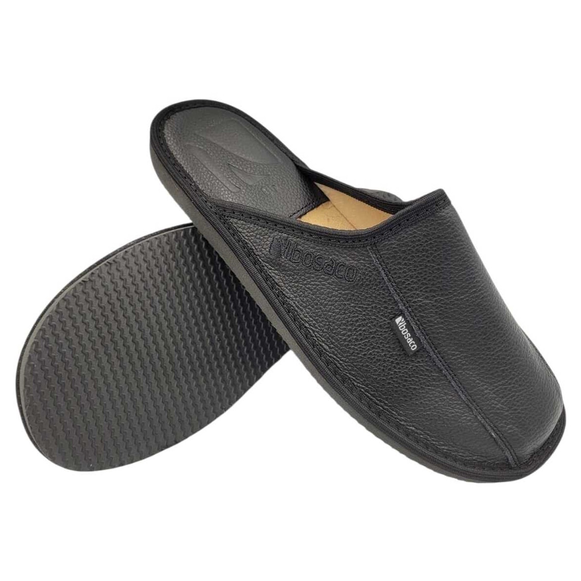 Papuci barbati Bosaco, piele naturala, talpa EVA antiderapanta, negru ...