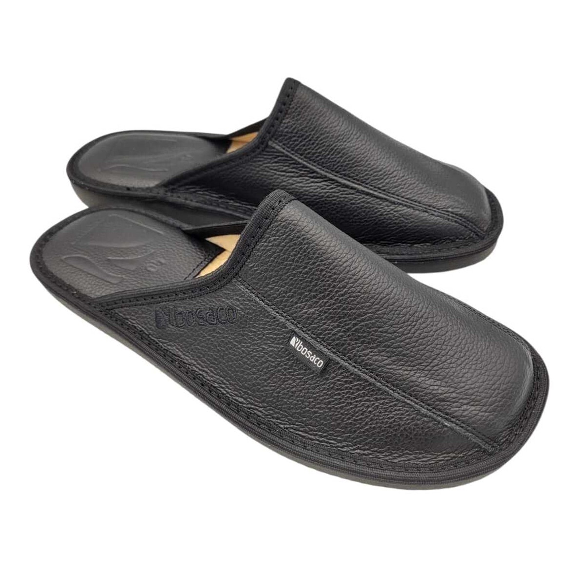 Papuci barbati Bosaco, piele naturala, talpa EVA antiderapanta, negru ...