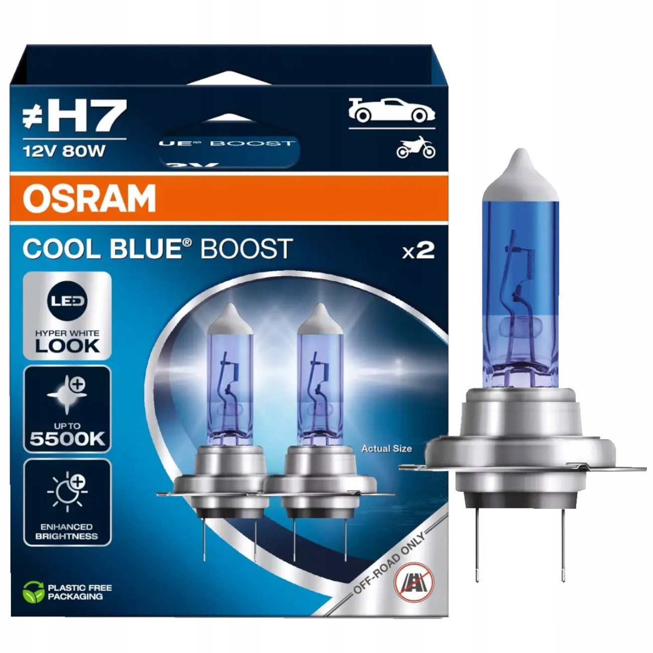 Set 2 becuri H7 Osram COOL BLUE BOOST 5500K, 80W, alb hiper luminos ...