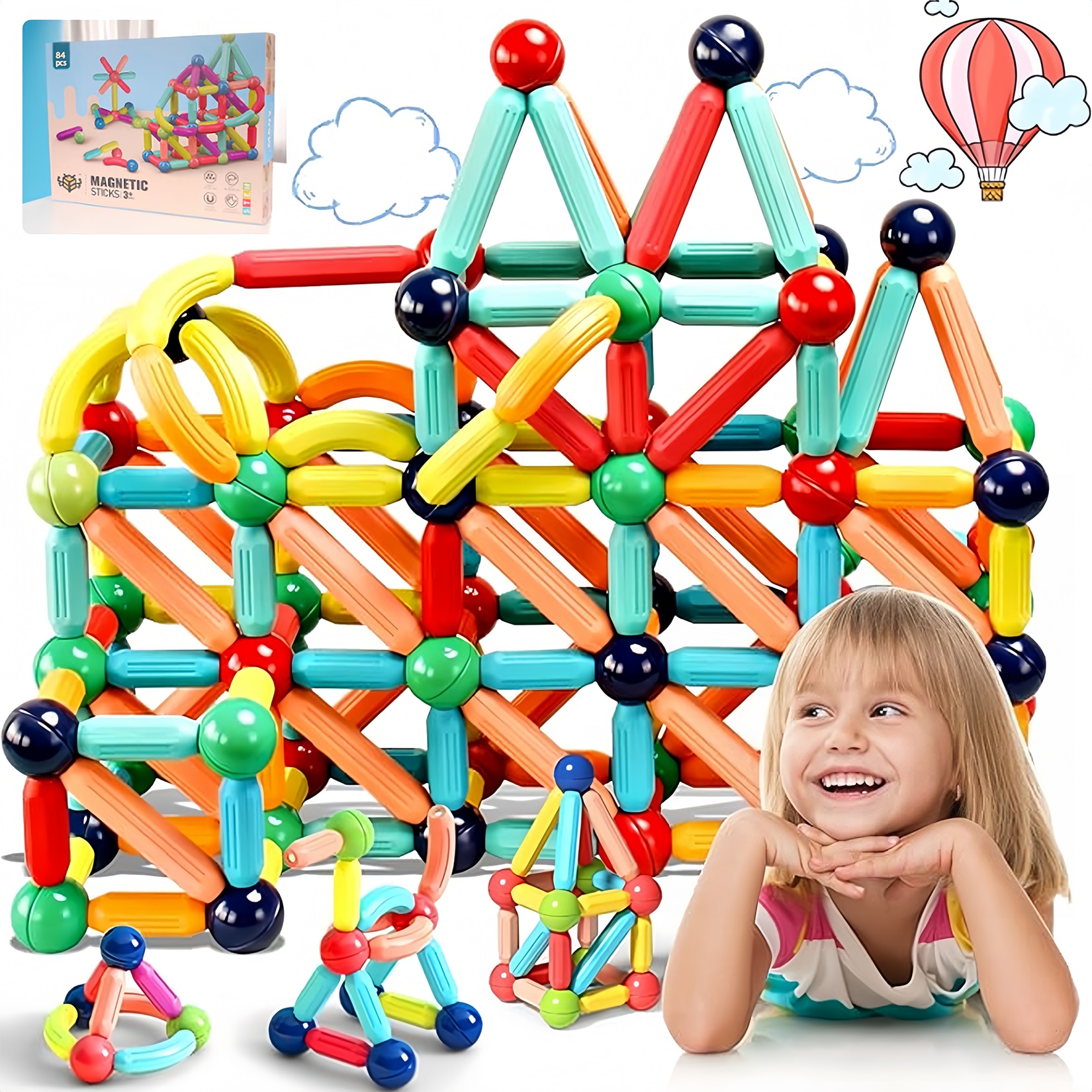 Set jucarii magnetice pentru constructie magnetic Sticks 3D, Wacorresi ...