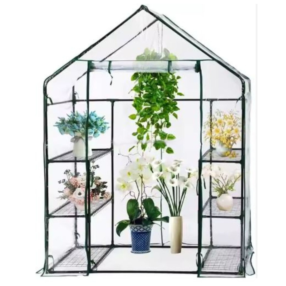 Mini seră de grădină LEAN pentru balcon, 4 rafturi metalice, folie PVC ...