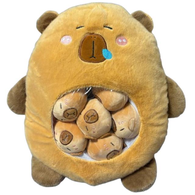 Jucarie de plus Capybara, tip perna, cu 6 pui, Maro, 50 cm - eMAG.ro