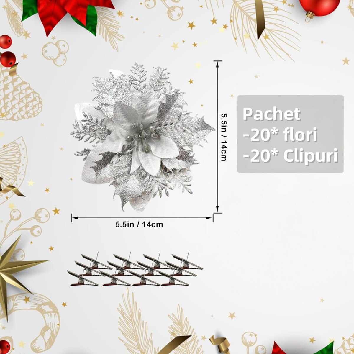 Set 20 flori decorative Craciun de 14 cm cu cleme diverse culori din ...