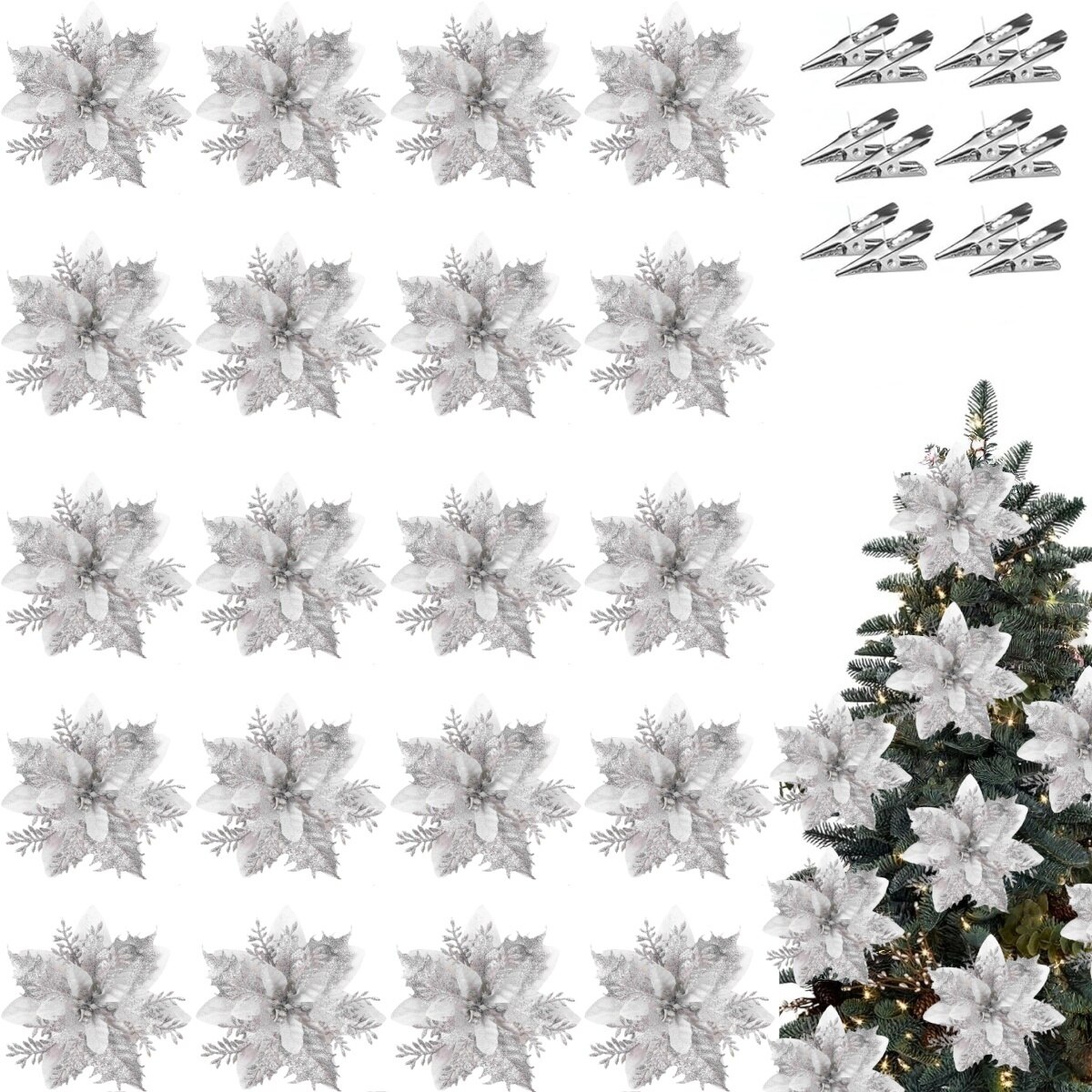 Set 20 flori decorative Craciun de 14 cm cu cleme diverse culori din ...