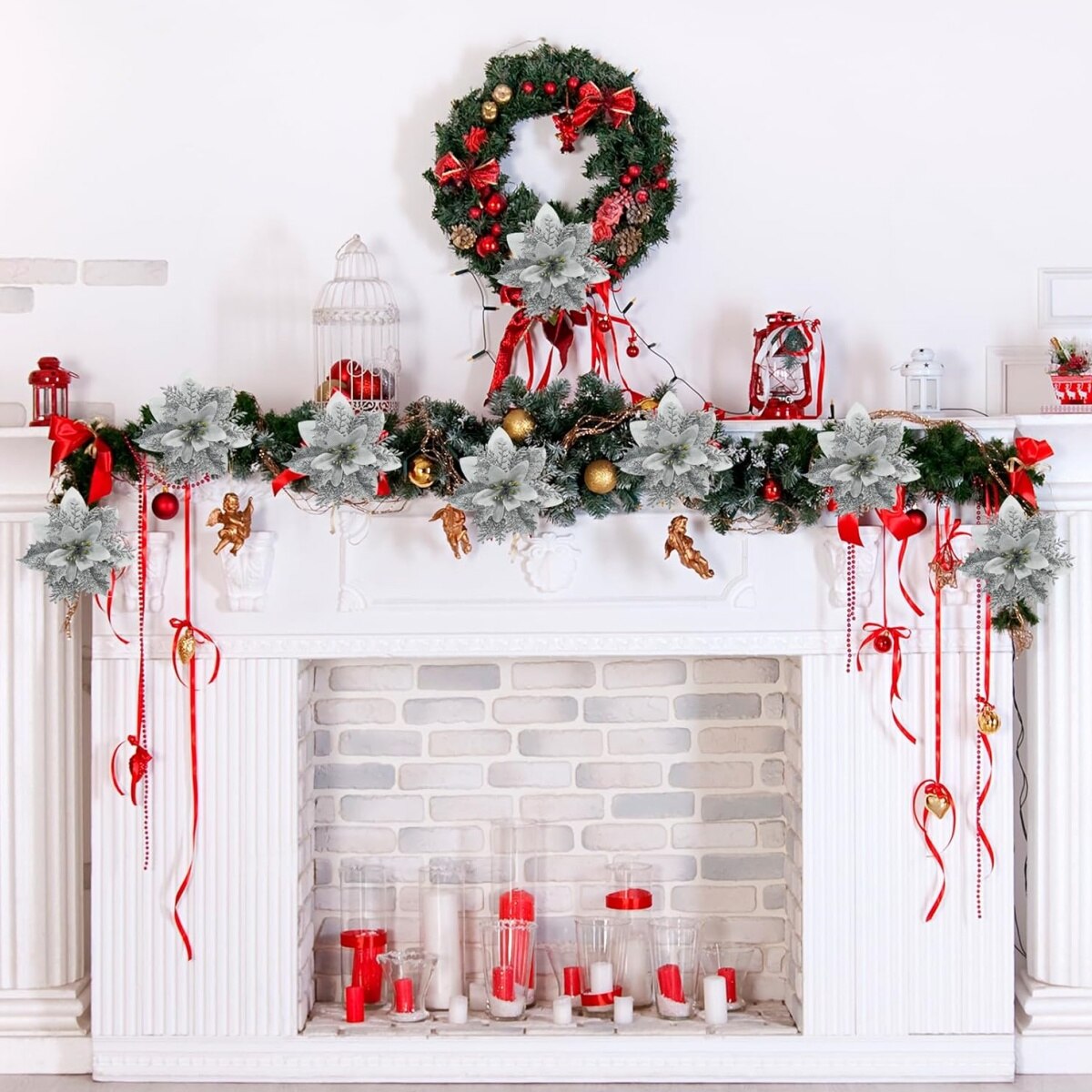 Set 20 flori decorative Craciun de 14 cm cu cleme diverse culori din ...